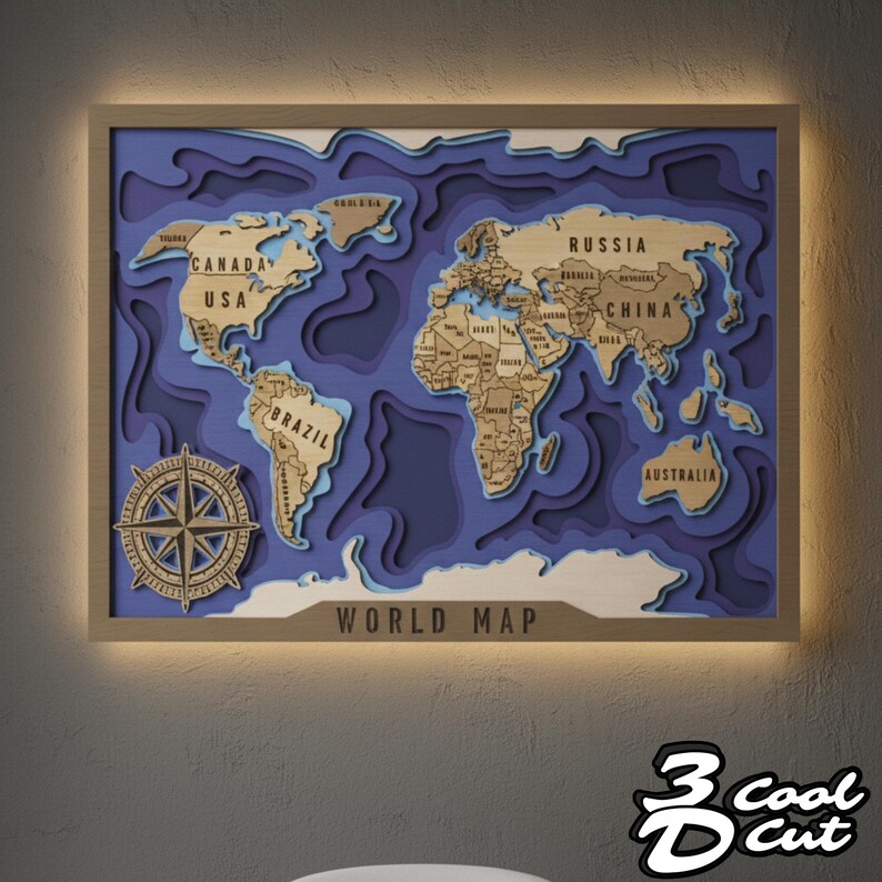 3D Multilayer World Map Laser Cut SVG, Wooden Wall Art CNC File ...