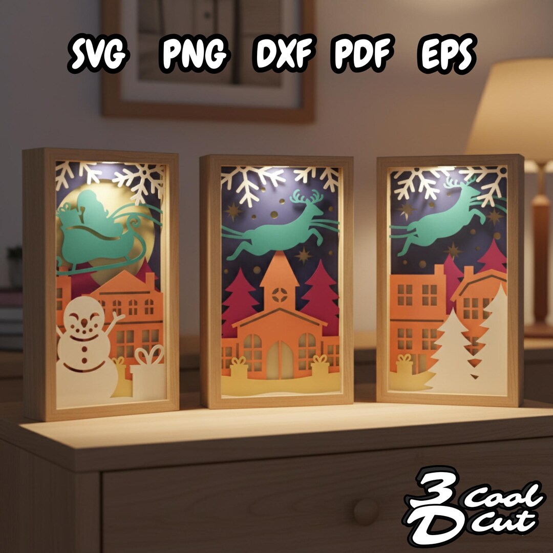 Christmas Village 3D Shadow Box SVG, Santa Sleigh and Reindeer Paper ...