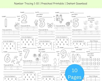 1-10, Number Tracing, Preschool Worksheet Printable, Handwriting ...