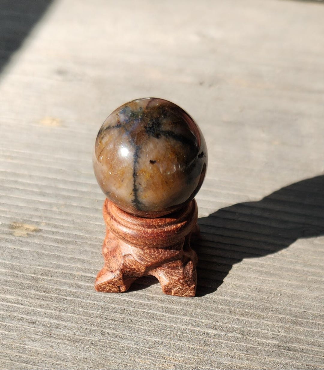 Tiny Staurolite Sphere With Carved Wooden Stand, Fairy Cross, Good Luck ...
