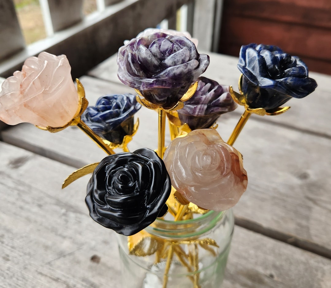 Gemstone Carved Roses With Gold Stem, Life Size Roses, Large Crystal ...