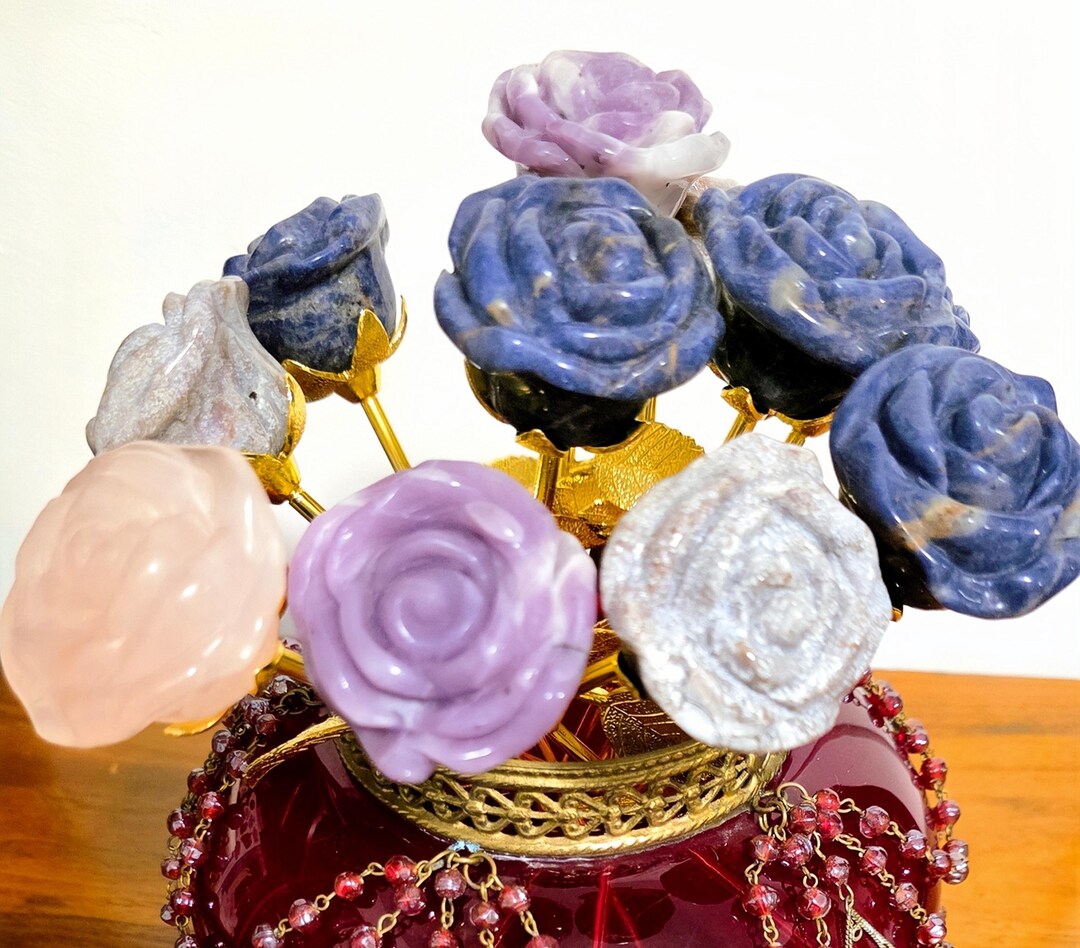 Crystal Rose Blooms Full, Gold Long Stem | Large Carved Gemstone ...