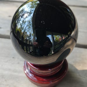 Large Obsidian Sphere With Wood Stand, Black Volcanic Glass Sphere ...