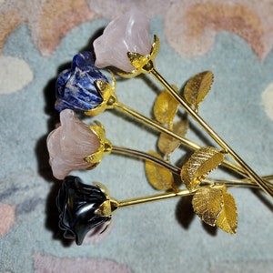 Gemstone Carved Roses With Gold Stem - Etsy