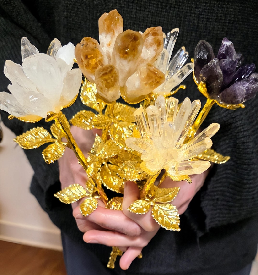 Raw Quartz Crystal Rose Cluster With Gold Stem | Large Rough Gemstone ...
