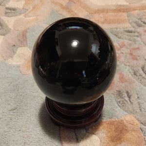Large Obsidian Sphere With Wood Stand, Black Volcanic Glass Sphere ...