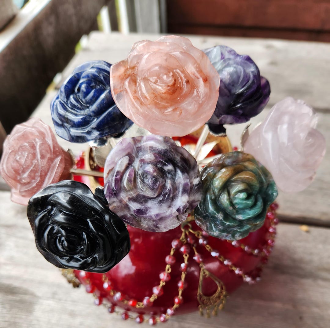 Gemstone Carved Roses With Gold Stem, Life Size Roses, Large Crystal ...
