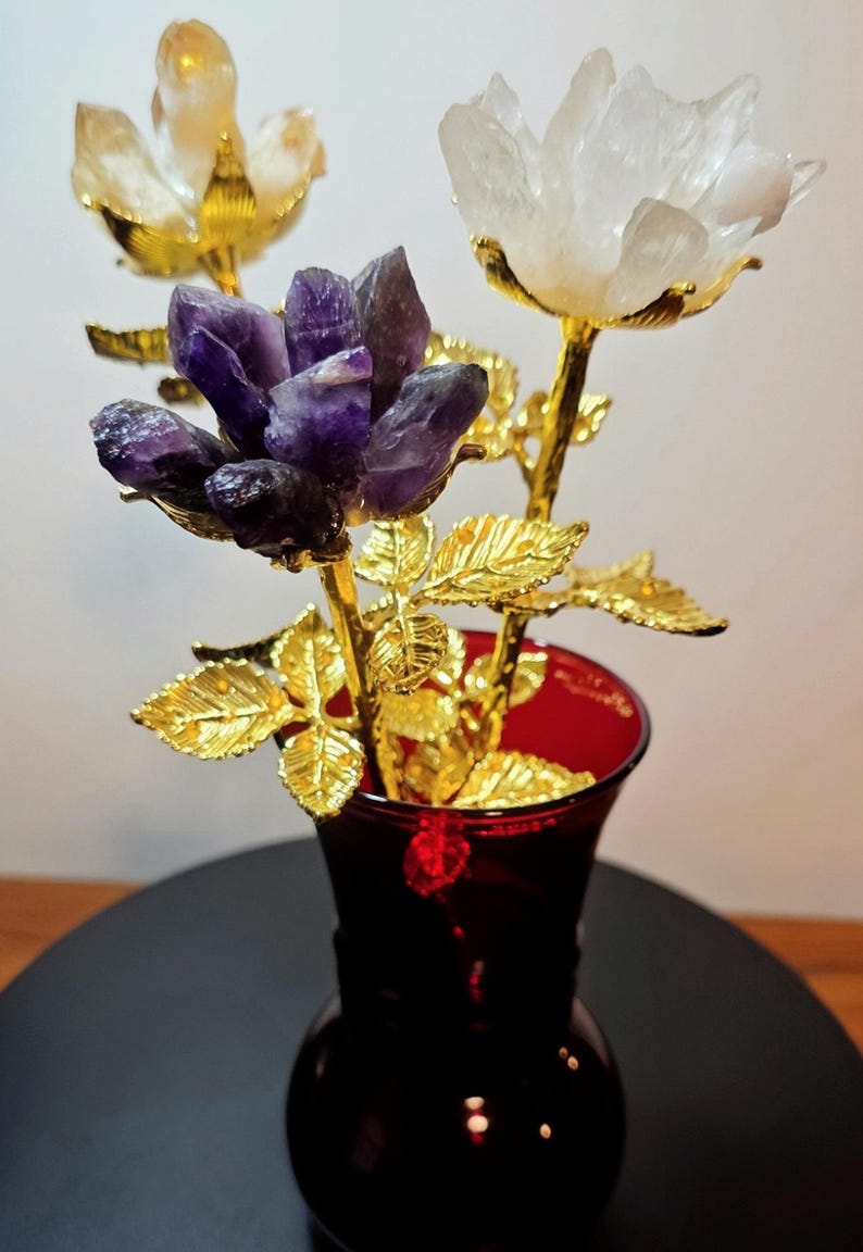 Raw Quartz Crystal Rose Cluster With Gold Stem | Large Rough Gemstone ...