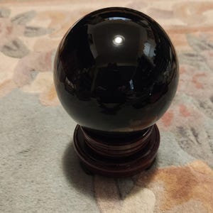 Large Obsidian Sphere With Wood Stand, Black Volcanic Glass Sphere ...