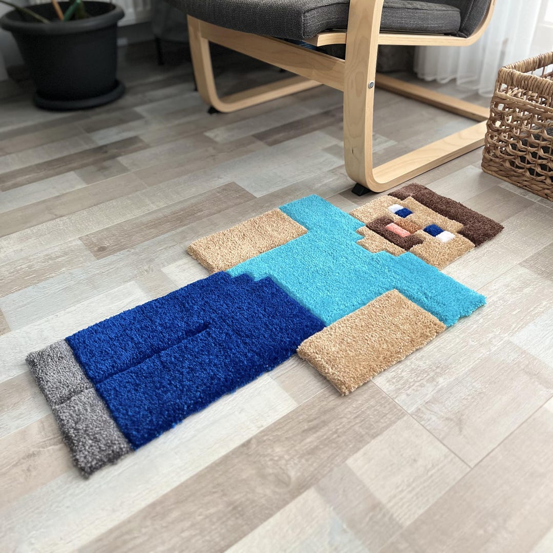 Tufted Rug With Pixel Character: Handmade Acrylic & Bamboo Blend Blue ...