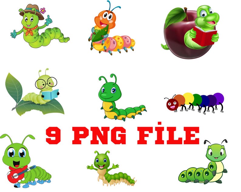 Caterpillar Bundle 9 PNG File, Cute Caterpillar,red Apple,guitar ...
