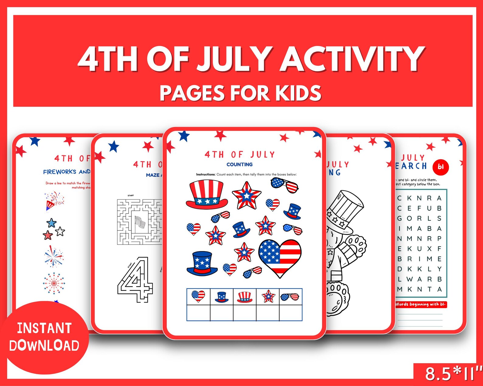 4th of July Activity Book for Kids – Printable Coloring Pages, Mazes ...