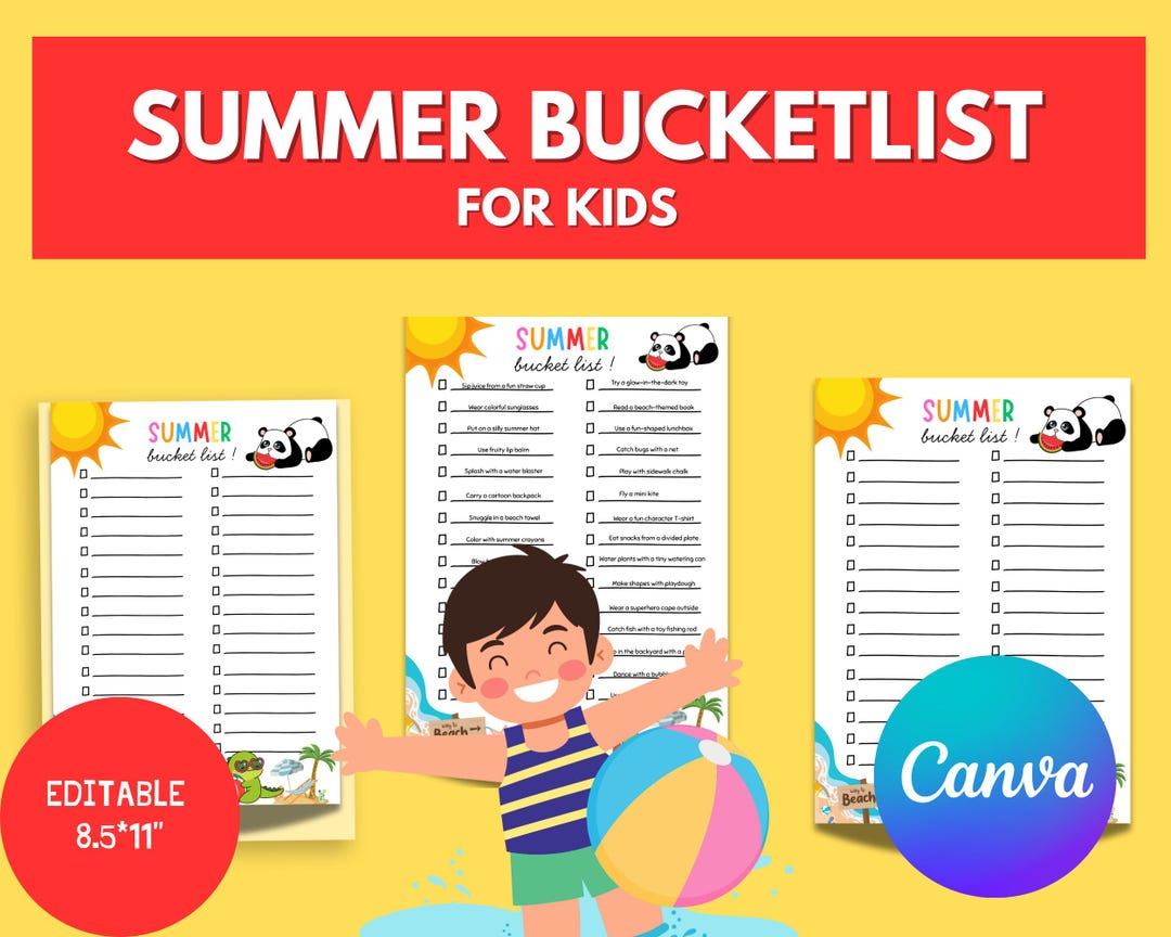Summer Bucket List for Kids Editable Printable Fun Activity Checklist ...