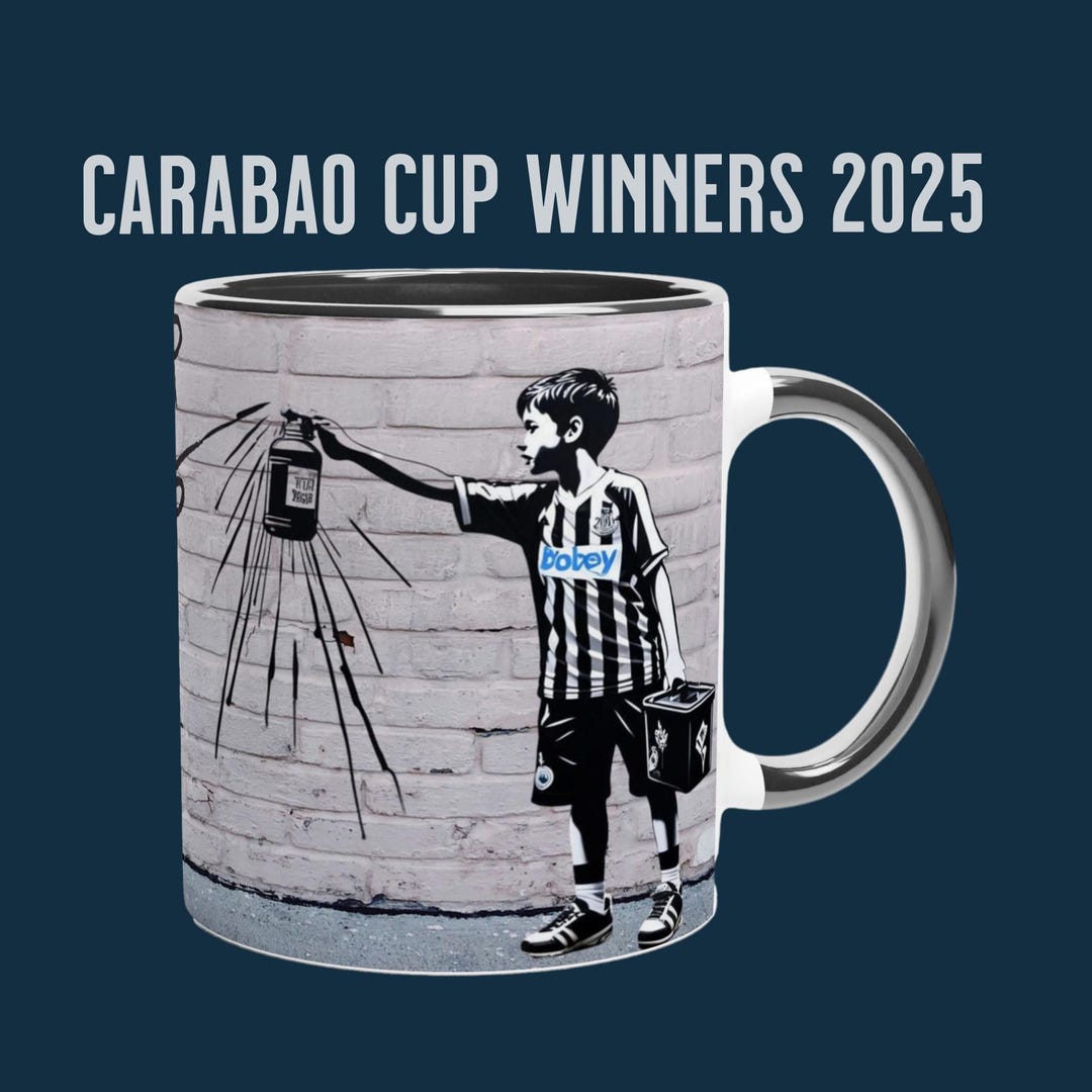 Banksy-inspired Newcastle United Mug - Celebrate Carabao Cup 2025 ...