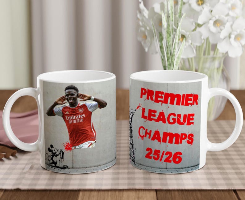 Banksy Inspired Arsenal FC Mug - Rice, Saka, or Raya - 25/26 Premier ...
