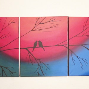 Rainbow Love Bird Landscape Abstract Bird Painting Triptych Nursery ...