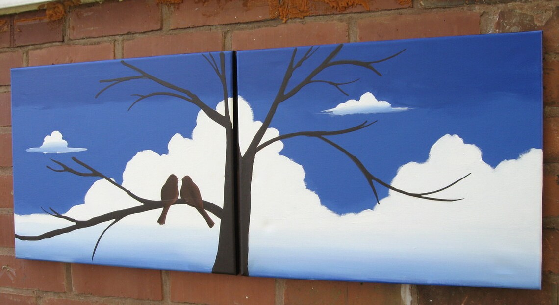 Love Birds Painting Abstract Landscape Triptych Nursery Canvas Wall ...