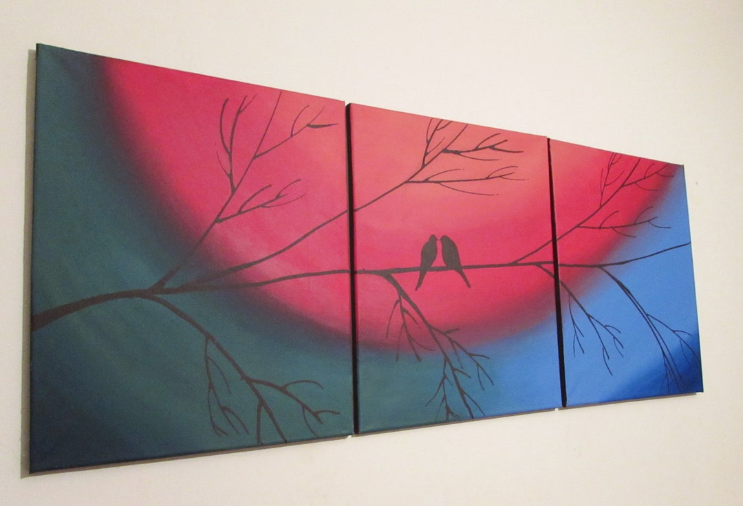 Rainbow Love Bird Landscape Abstract Bird Painting Triptych Nursery ...