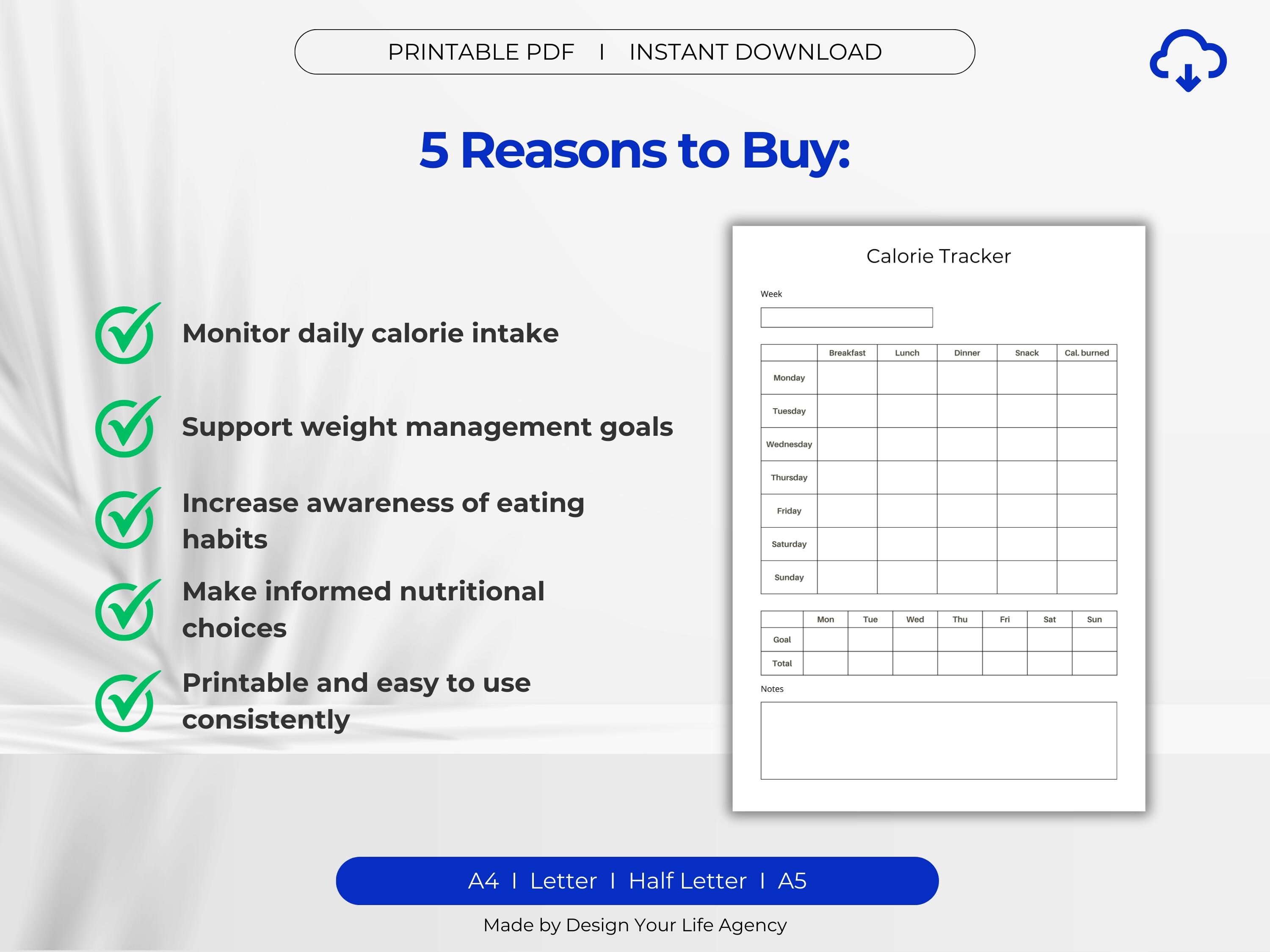 Calorie Tracker Printable PDF - Food Journal - Meal Planner, Calorie ...