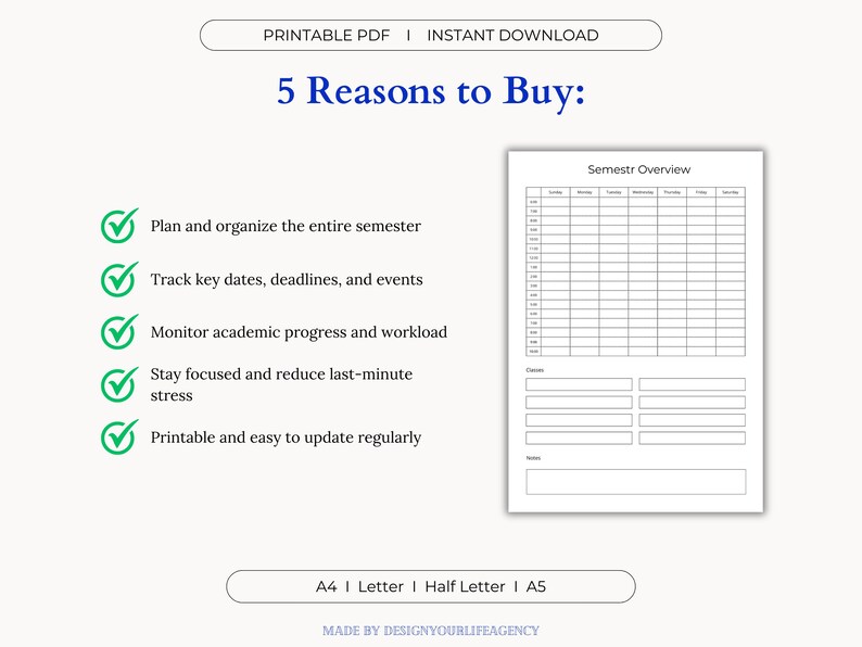 Semester Overview Tracker Printable PDF: Academic Planner, Study Planner Tool, Student ...
