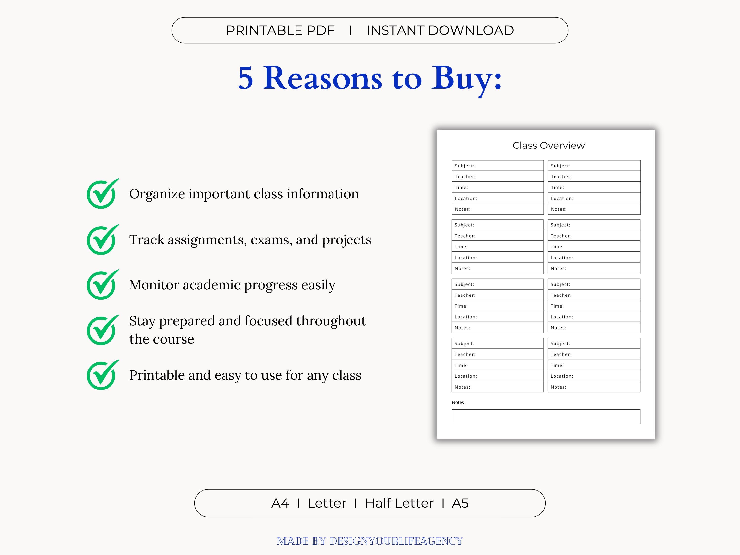 Class Overview Template Printable PDF - Academic Planner, Classes Sheet ...