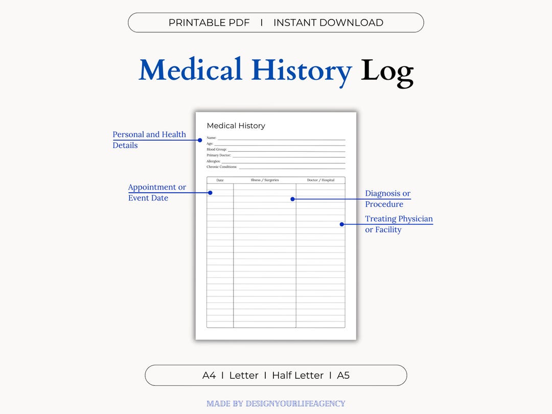 Medical History Log: Printable Health Record Template (instant Download ...