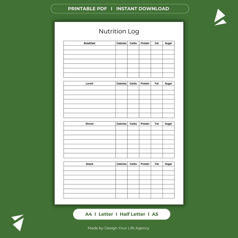 Nutrition Log Printable PDF: Food Diary, Calorie Tracker, Meal Planner ...