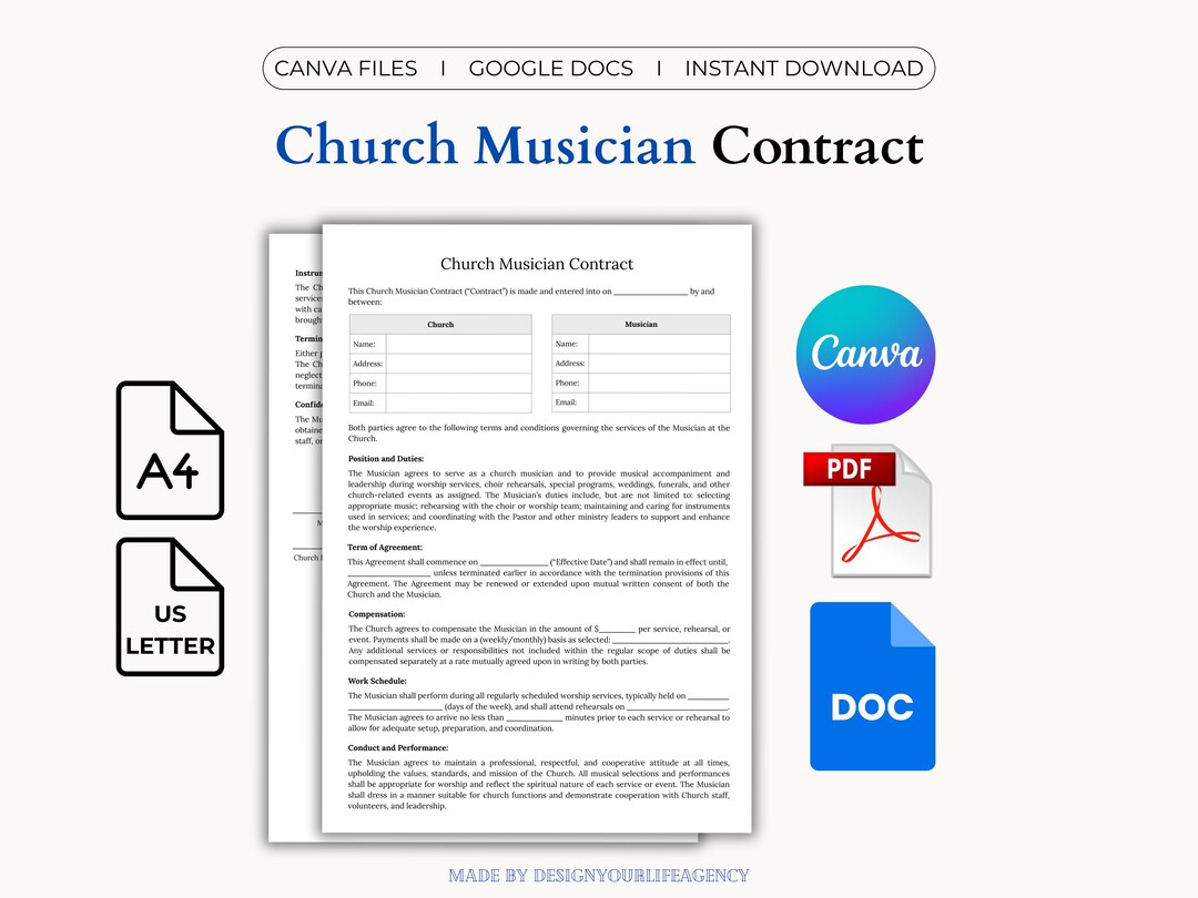 Church Musician Contract: Worship Service Agreement, Musician ...