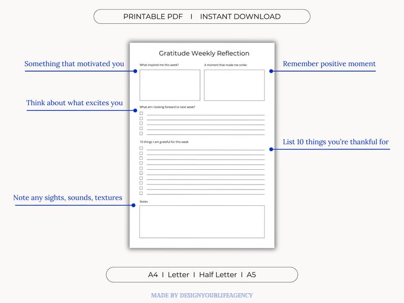 Gratitude Weekly Reflection Printable PDF: Mindfulness Journal, Boost ...