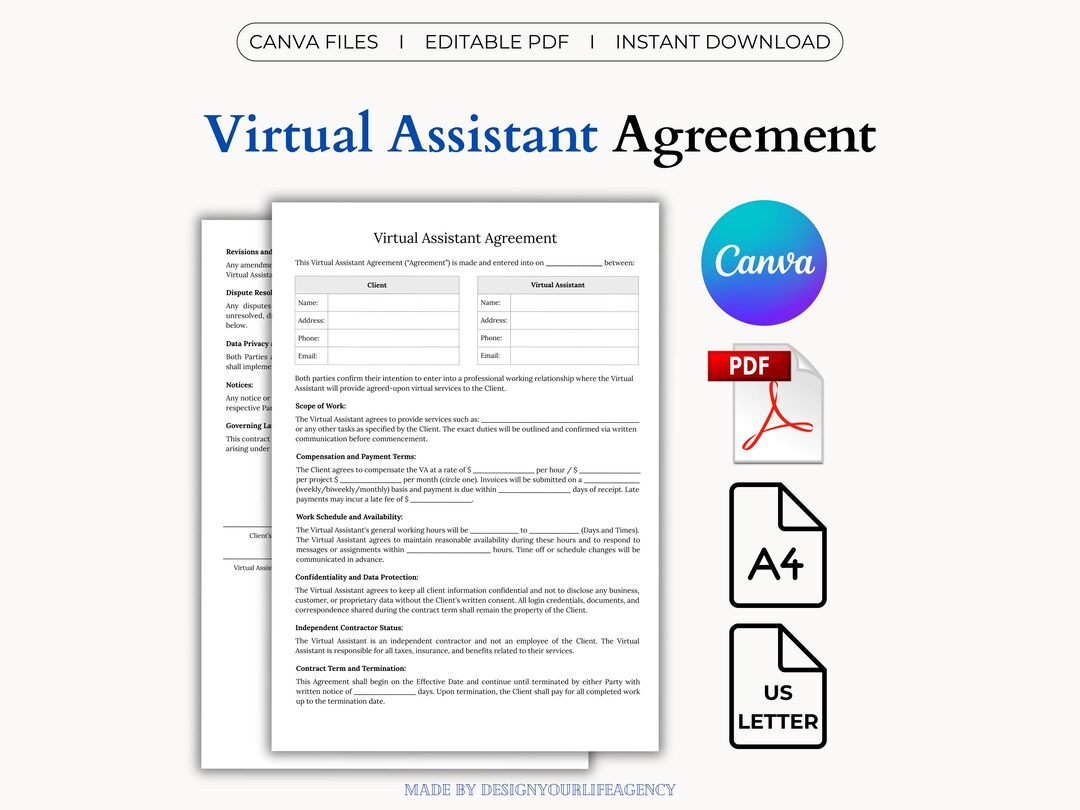 Virtual Assistant Service Contract: VA Agreement Template, Freelance ...