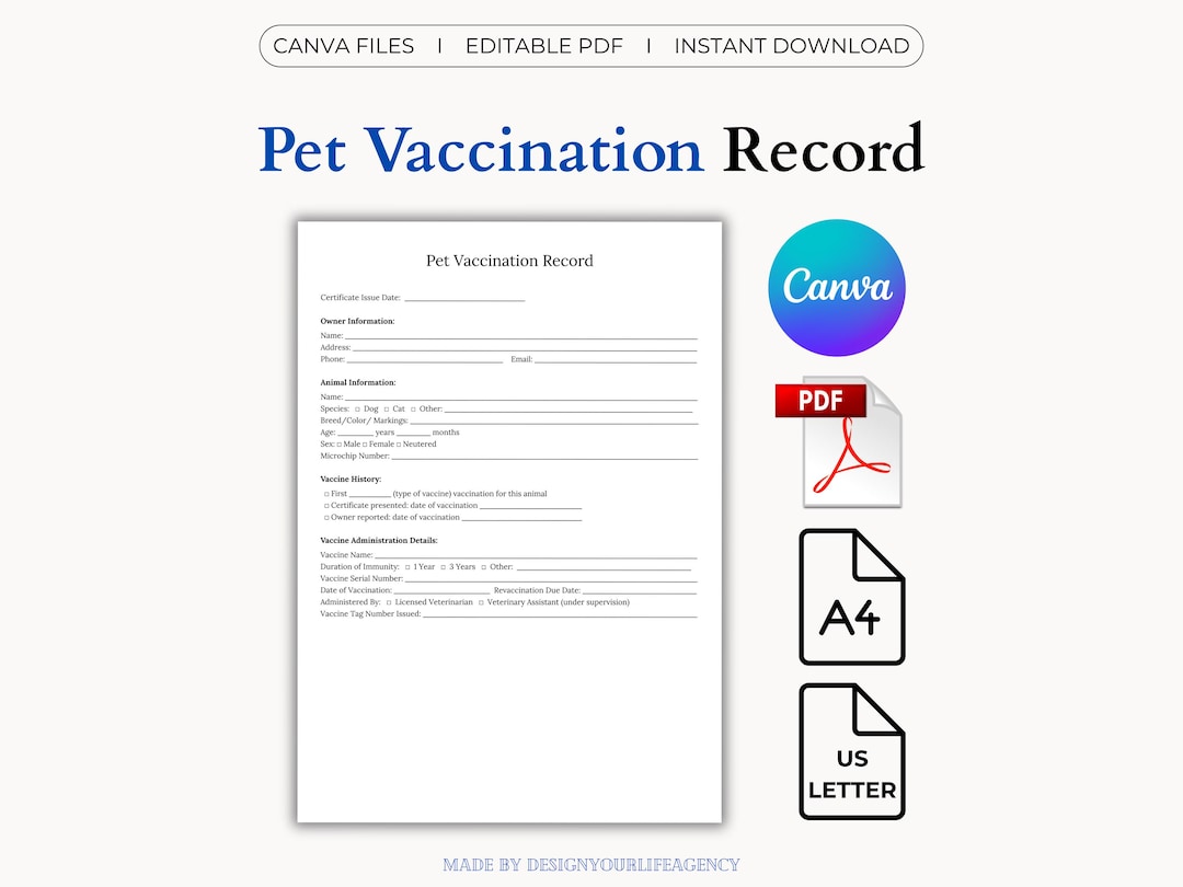 Pet Vaccination Sheet: Cat and Dog Vaccine Log, Animal Immunization ...