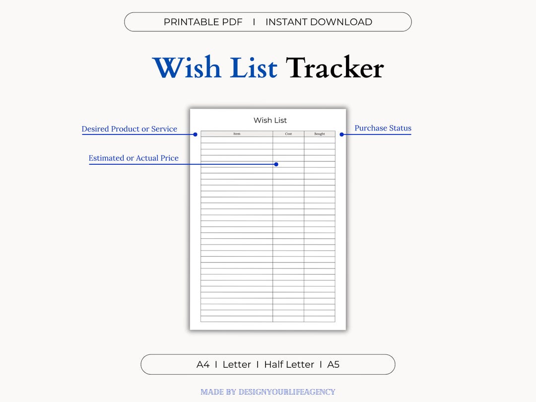 Wish List Tracker Printable PDF: Gift Plan, Shopping Wishlist Log, Gift ...