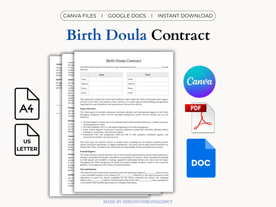 Birth Doula Agreement: Doula Handout Contract, Prenatal Support ...