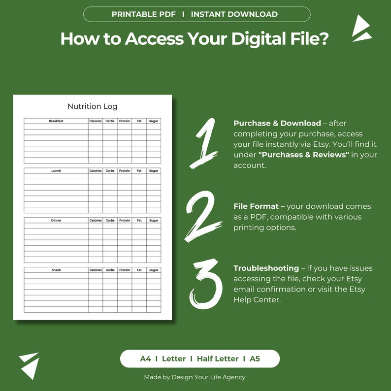 Nutrition Log Printable PDF: Food Diary, Calorie Tracker, Meal Planner ...