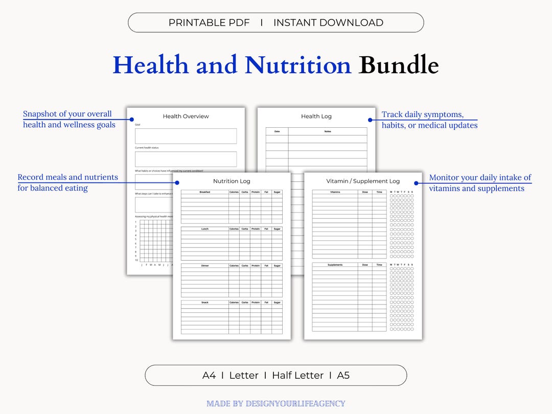 Health and Nutrition Bundle Printable PDF - Wellness, Weight Tracker ...