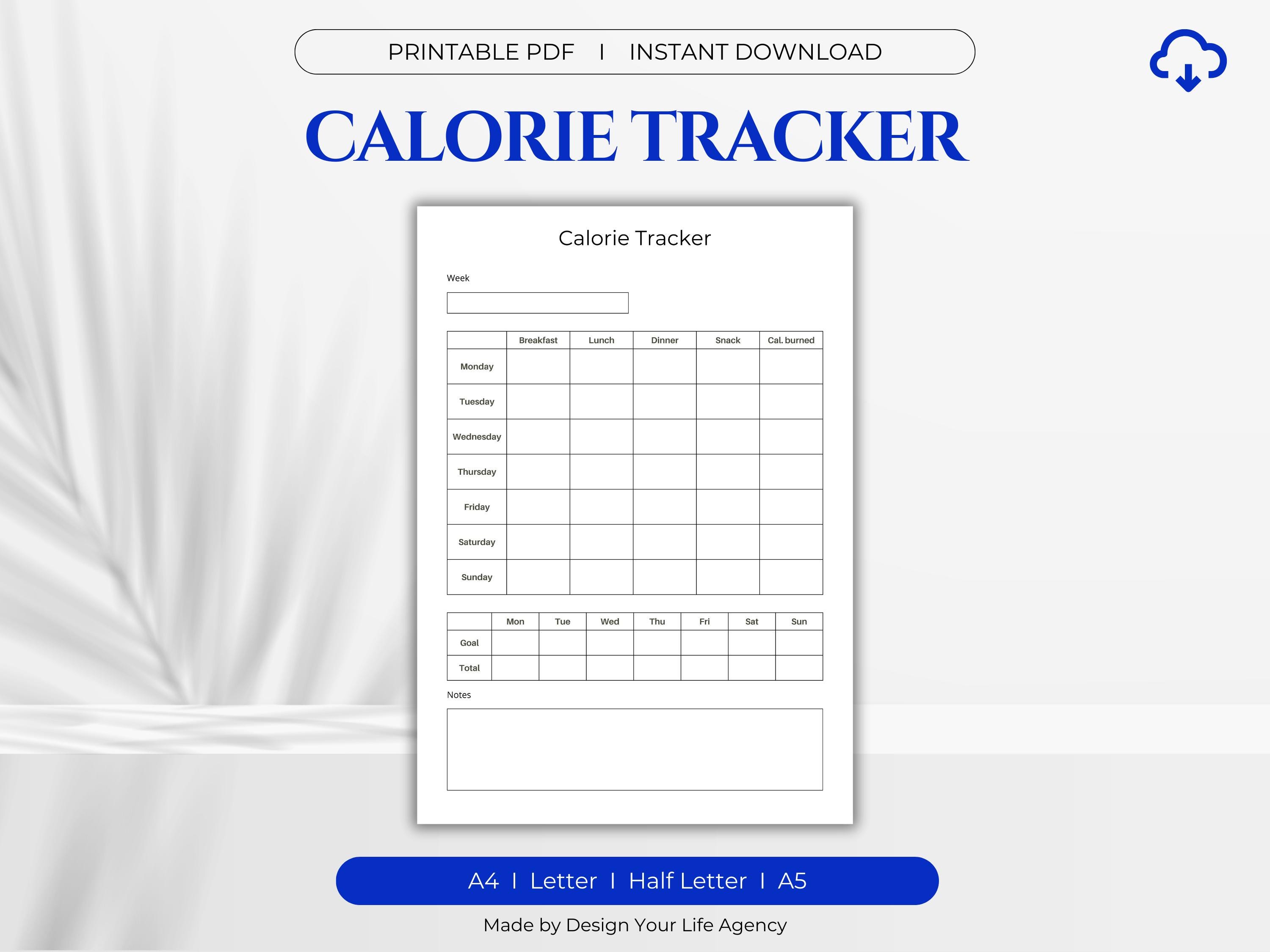 Calorie Tracker Printable PDF - Food Journal - Meal Planner, Calorie ...