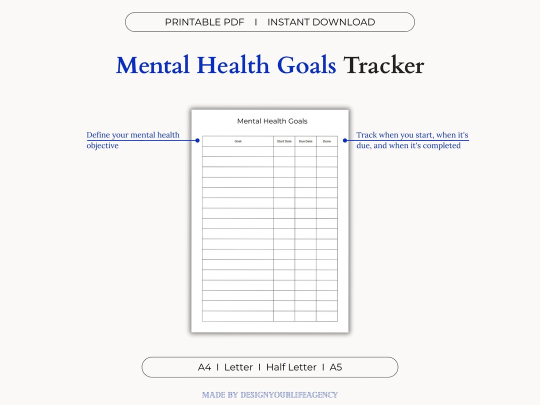 Mental Health Goals Tracker Printable PDF: Self-care Planner ...