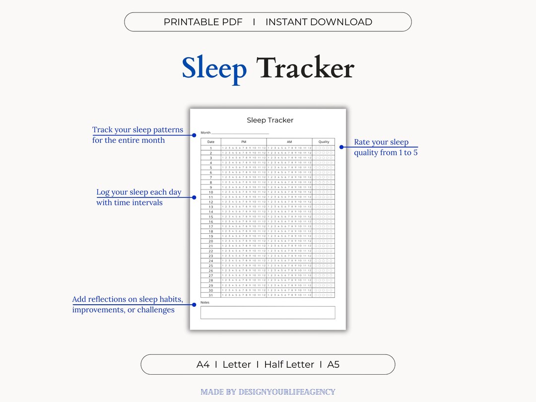 Sleep Tracker Printable PDF: Quality Duration, Bedtime Pattern Routine ...