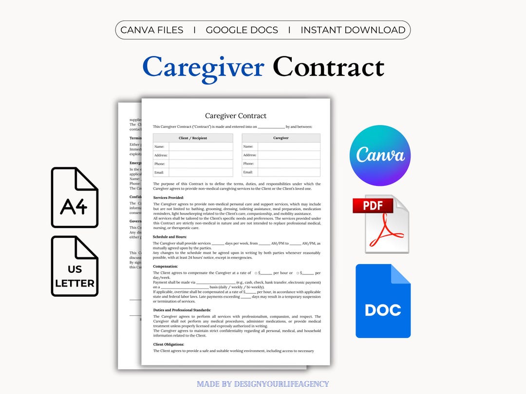Caregiver Agreement: Personal Care Contract, Care Service Agreement ...