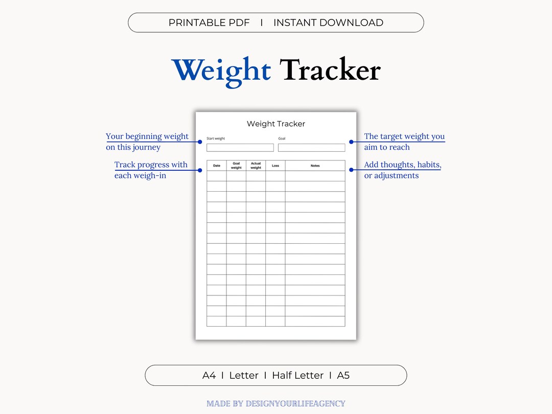 Weight Tracker Printable PDF - Track Fitness Goals, Start and Goal ...
