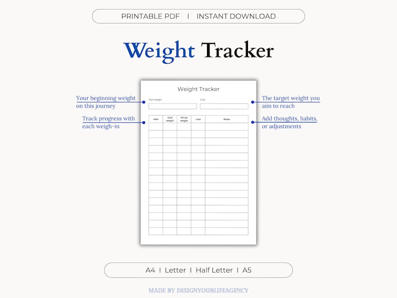 Weight Tracker Printable PDF - Track Fitness Goals, Start and Goal ...