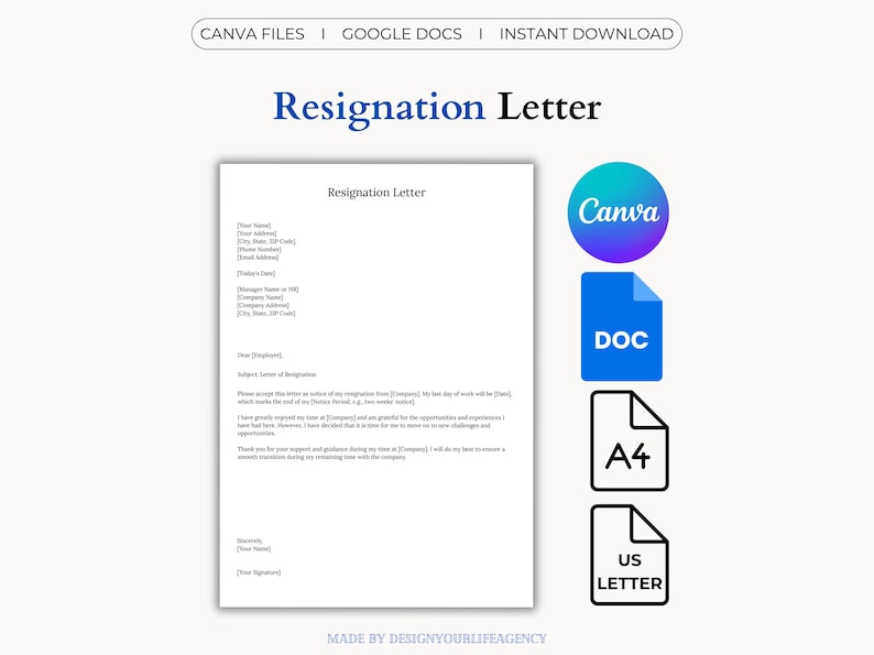 Resignation Letter Form - Editable Template for Employees (google Docs ...