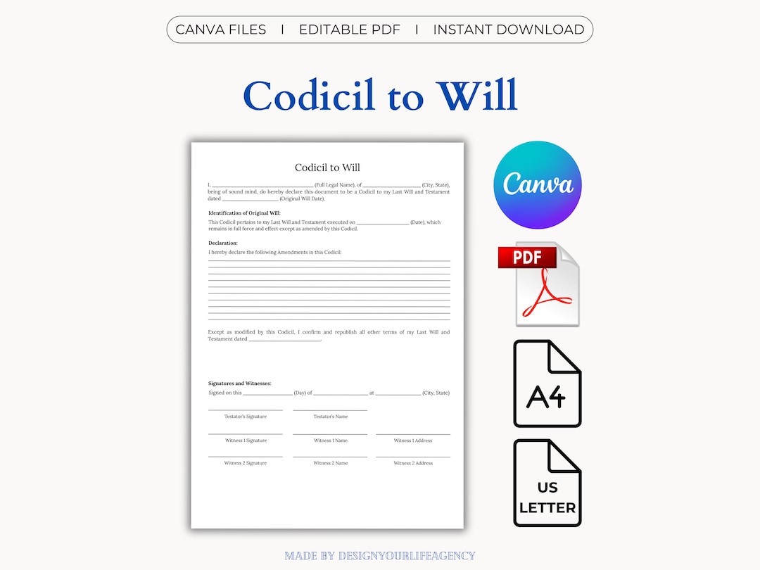 Will Codicil Form: Legal Amendment, Last Will (editable PDF, Canva ...