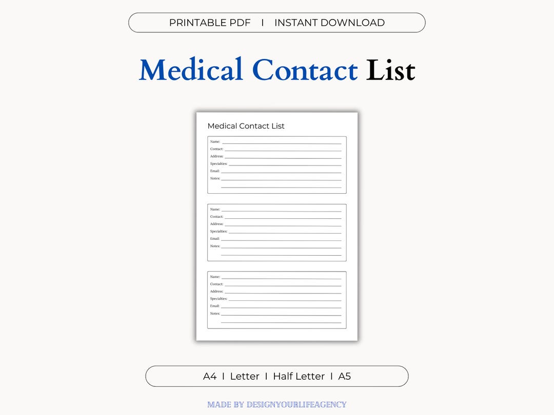 Medical Contact List Printable PDF: Doctor Appointment, Emergency ...