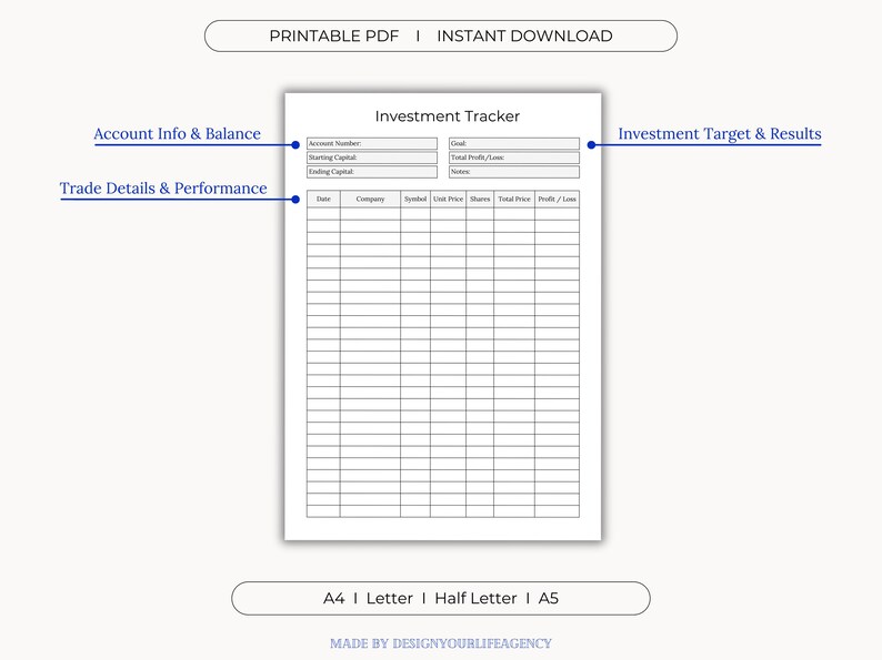 Investment Tracker Printable PDF: Stock Market Portfolio Log, Dividend ...
