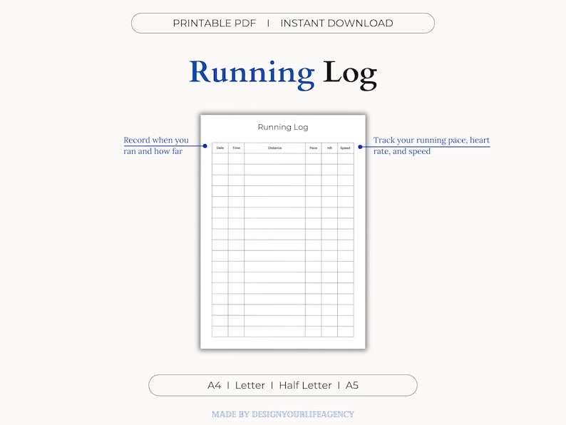 Running Log Printable PDF: Daily Running Tracker for Runners, Marathon ...