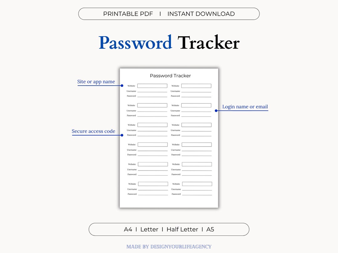 Password Tracker Printable: Secure Login Organizer (PDF, A4/a5/letter ...