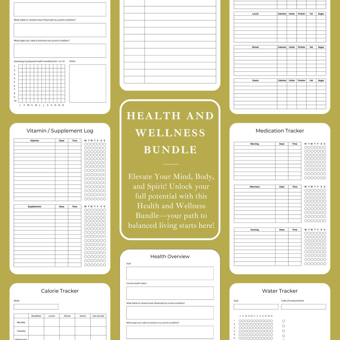 Health and Wellness Tracker Bundle: Nutrition, Medication, Water Logs ...