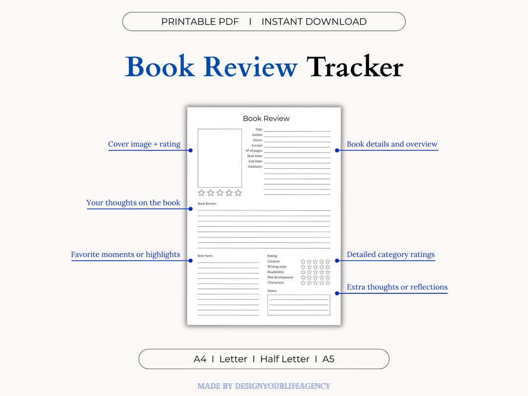 Book Review Tracker Printable PDF: Reading Journal Template (A4, A5 ...