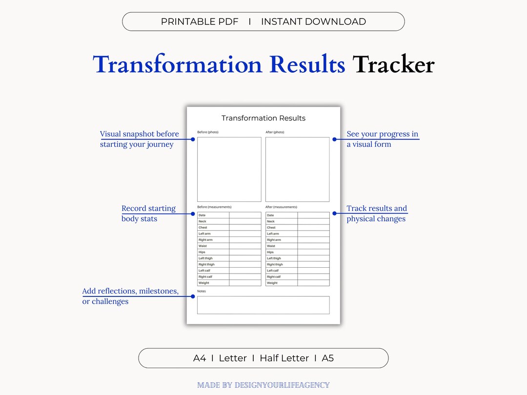 Transformation Results Tracker Printable PDF - Fitness Progress - Body ...